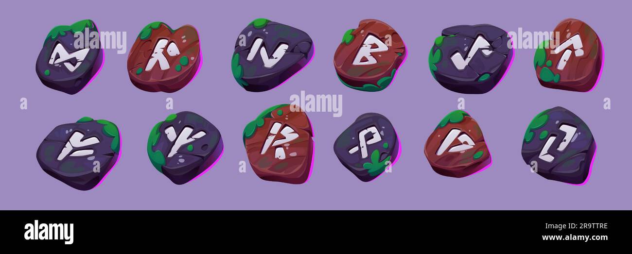 Cartoon set of viking rune letters on ancient stones covered with green ...
