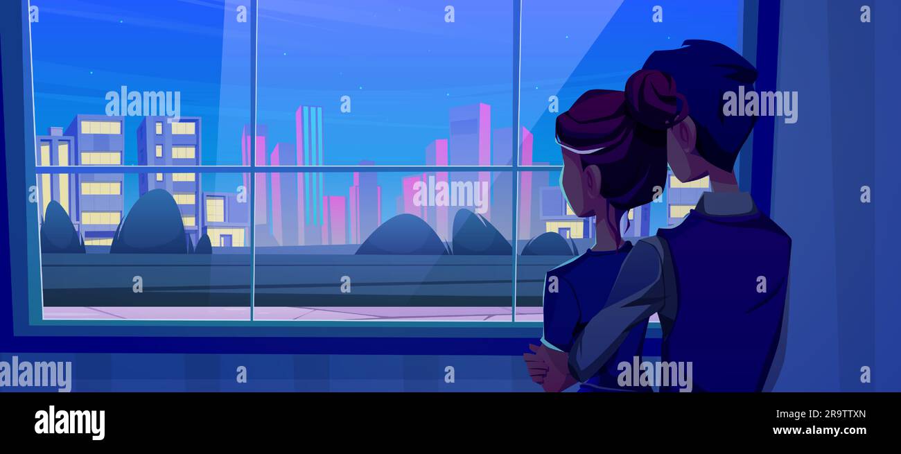 Husband and wife couple standing near window at night back view cartoon ...