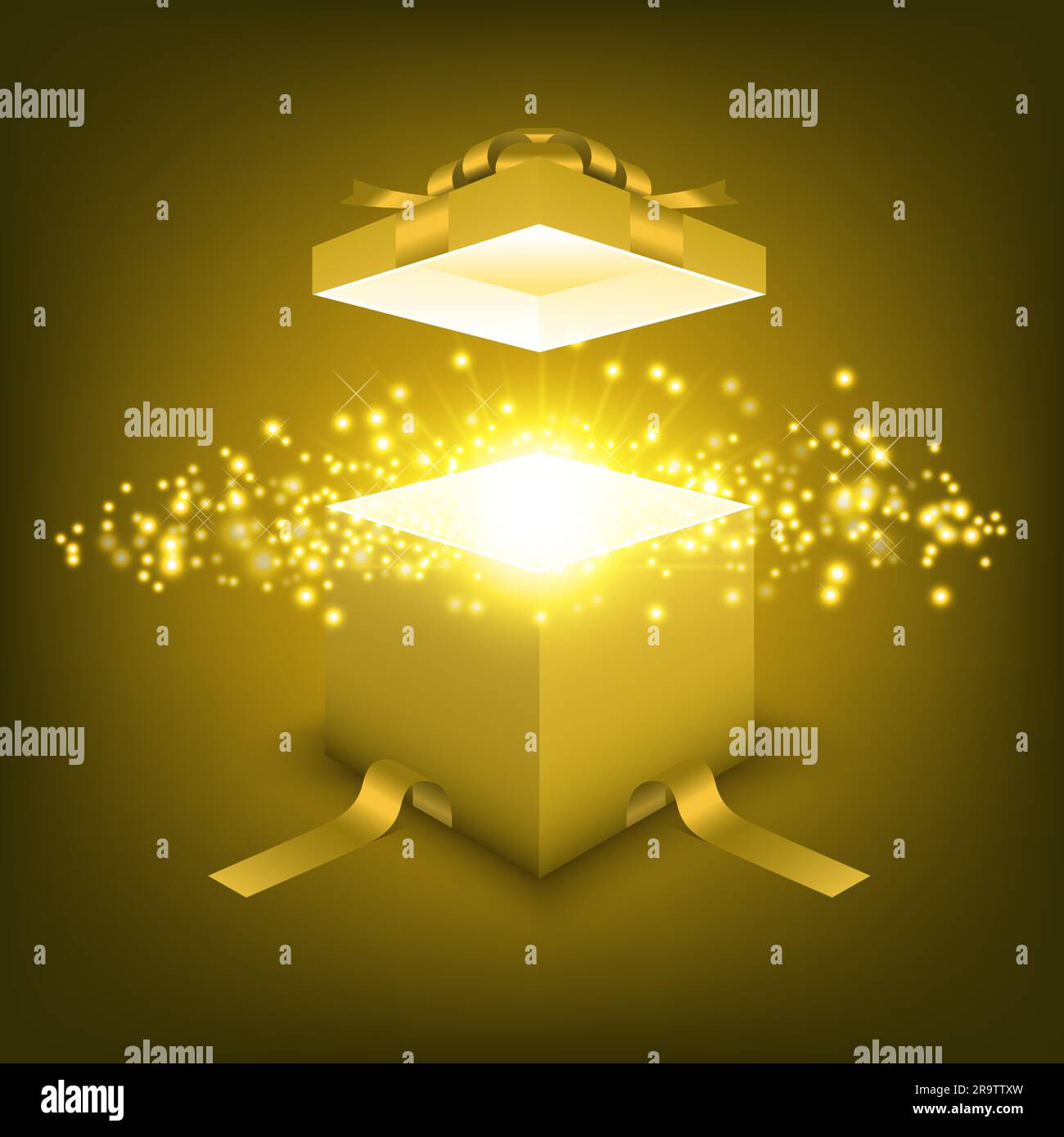Open gift box with golden ray light, festival and celebration Stock ...