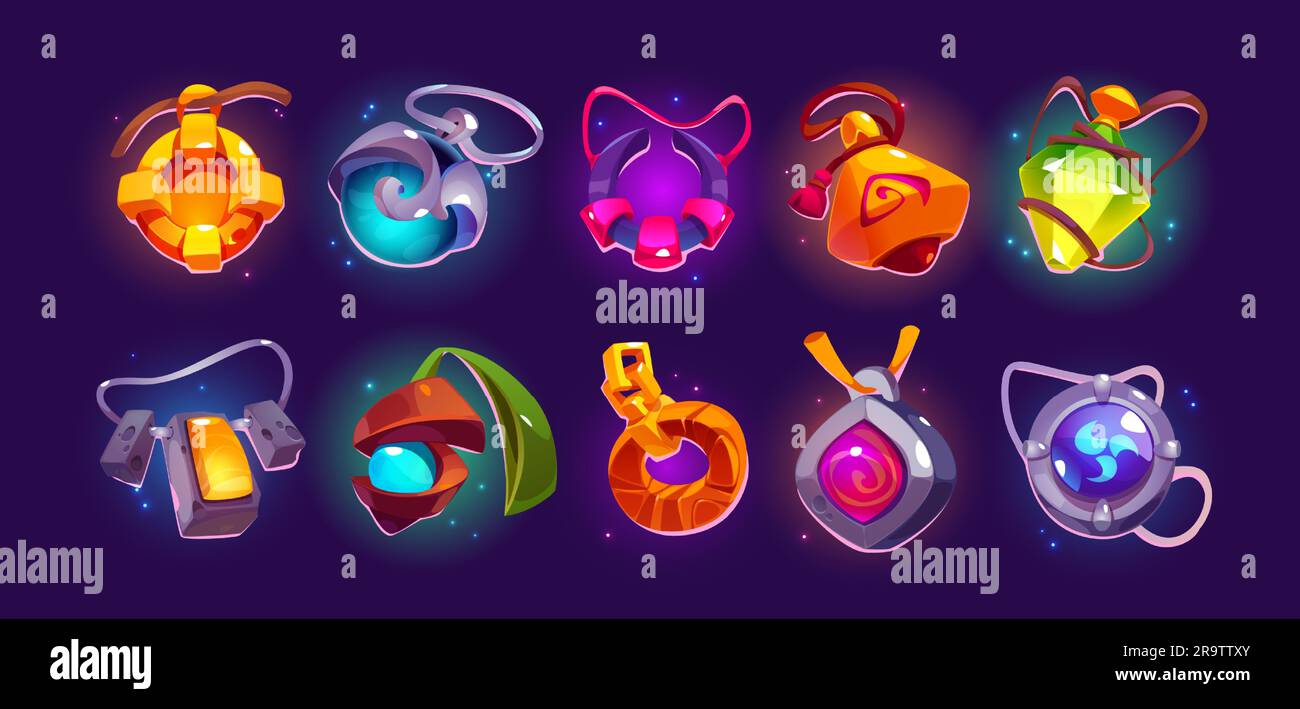 Game amulet icon with magic gem vector ui set. Fantasy pendant ball for ...