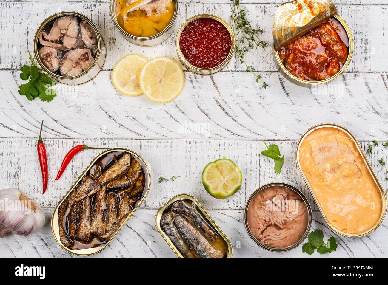 Variety of opened cans with different types of fish and seafood Stock ...