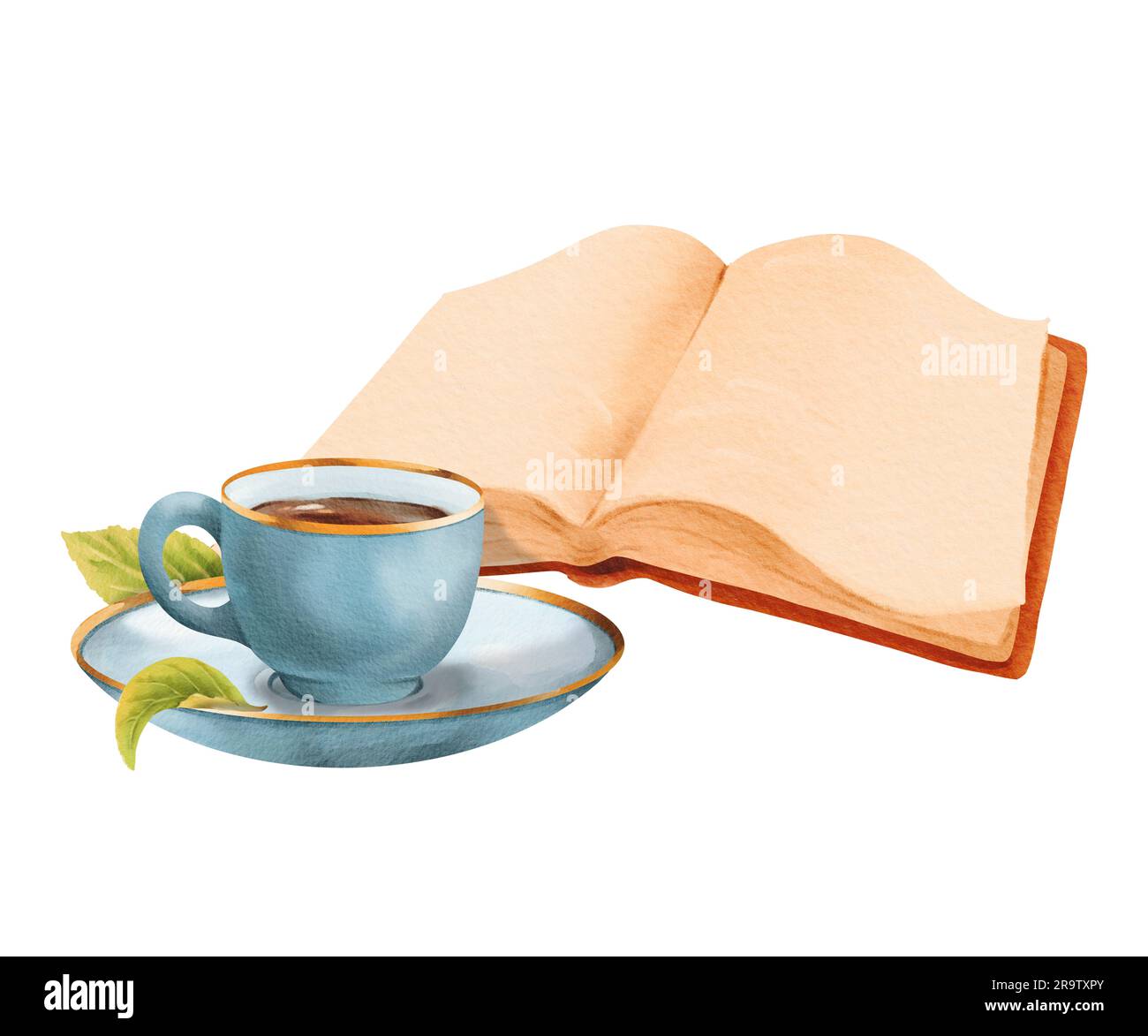 Composition a cup of tea with tea leaves and an open book. Watercolor ...