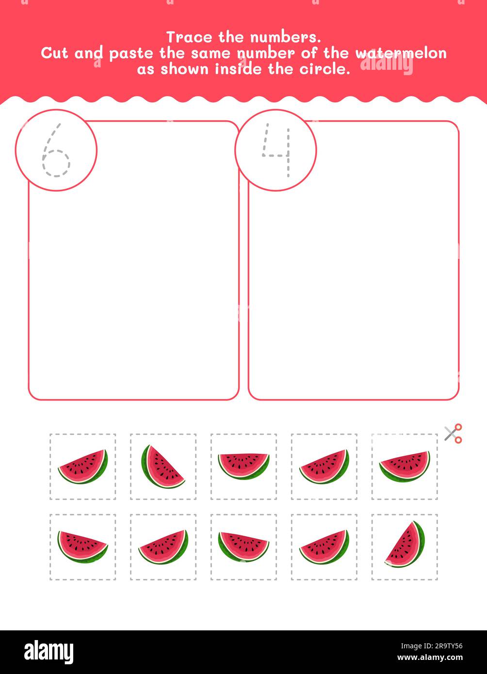 Six And Four Counting And Tracing Number Worksheet. Cut And Paste Worksheet With Pictures ...