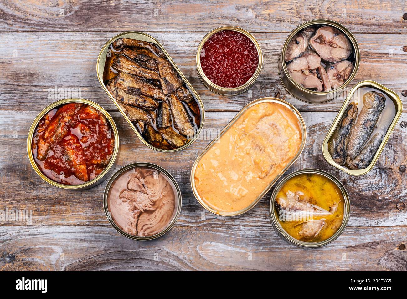 Variety of opened cans with different types of tinned fish and seafood ...