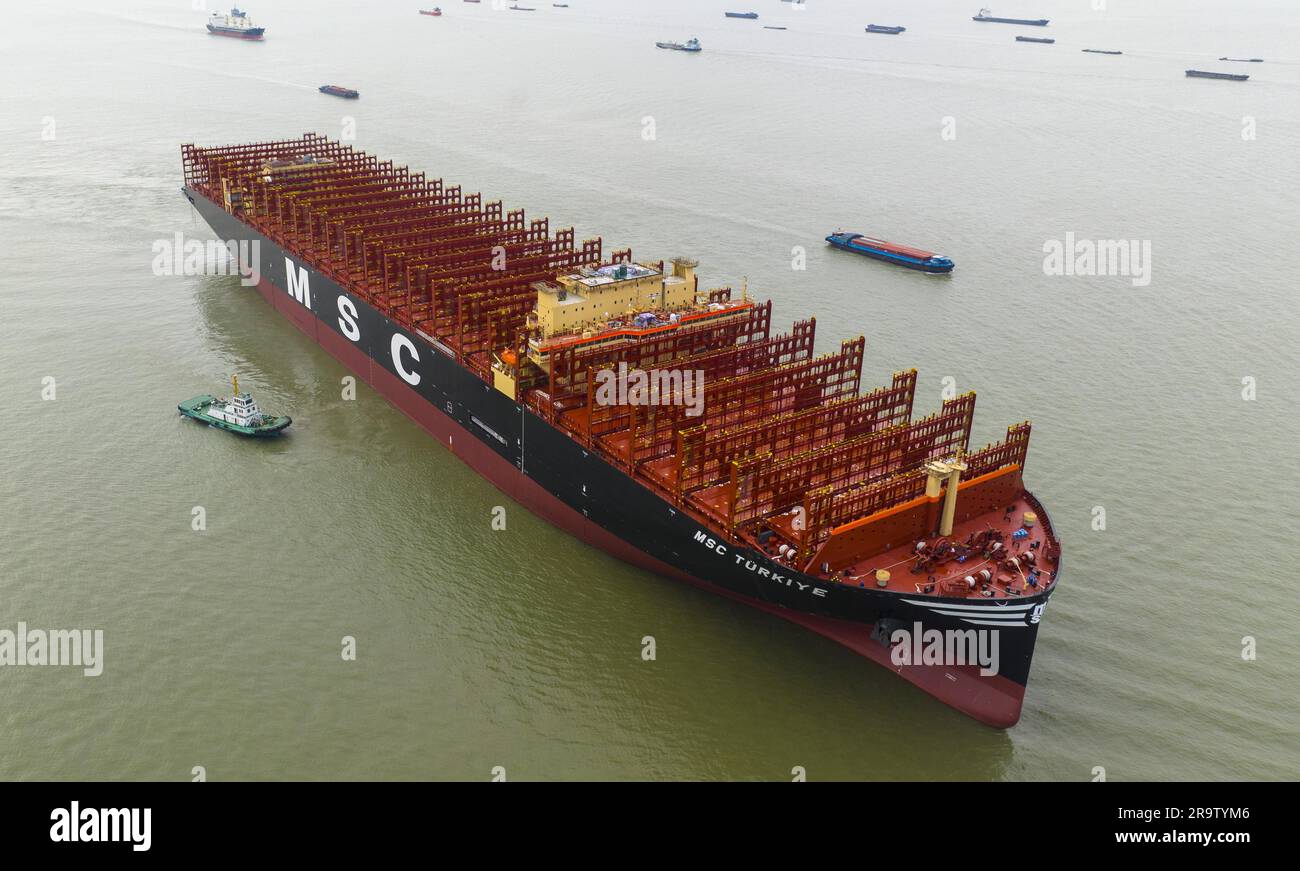 Aerial photo shows the world's largest newly built container vessel ...