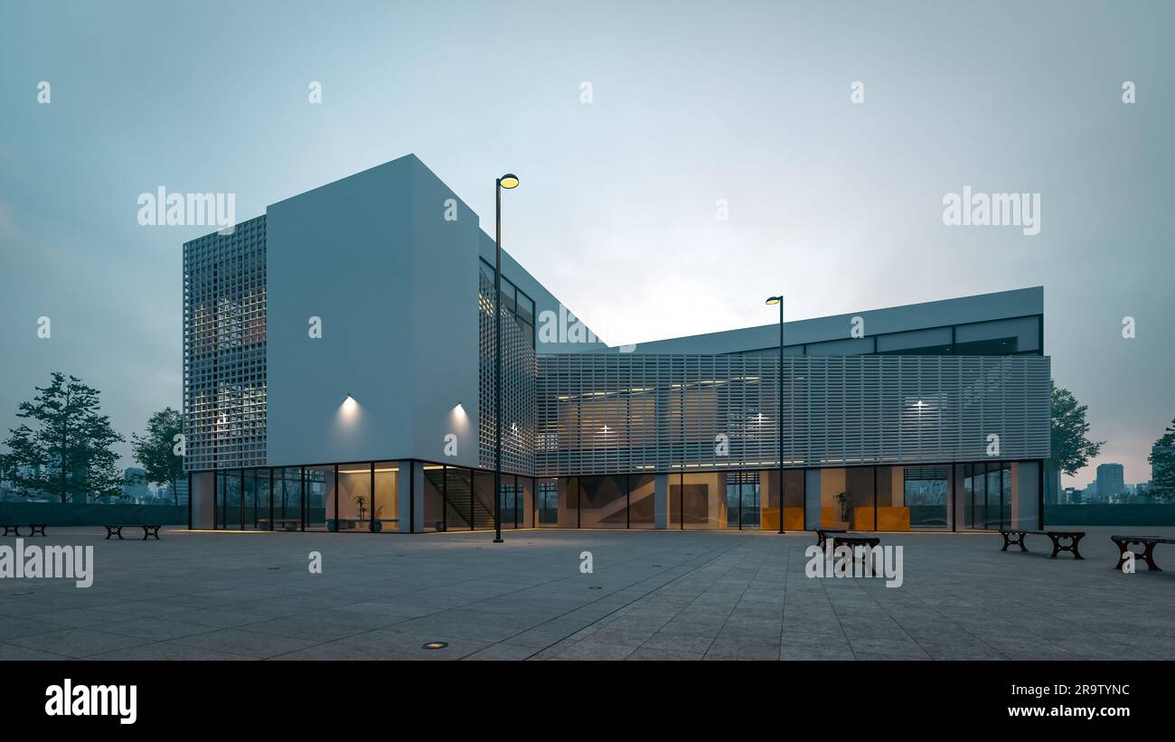 A perspective view of a modern two-story building night view on a ...