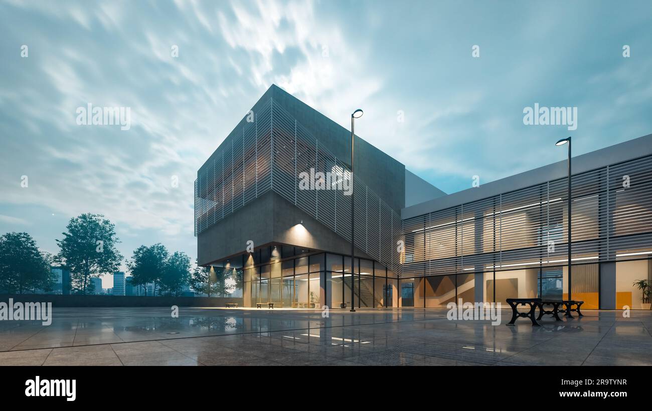 Night view of a modern two-story building on a cloudy day after rain ...