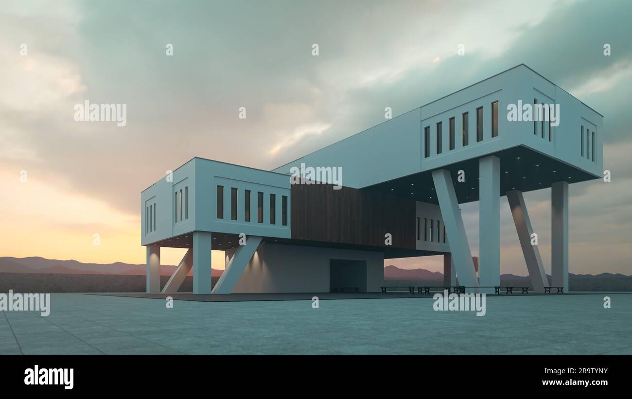 Perspective view of a modern two-story building at sunset, 3d rendering ...