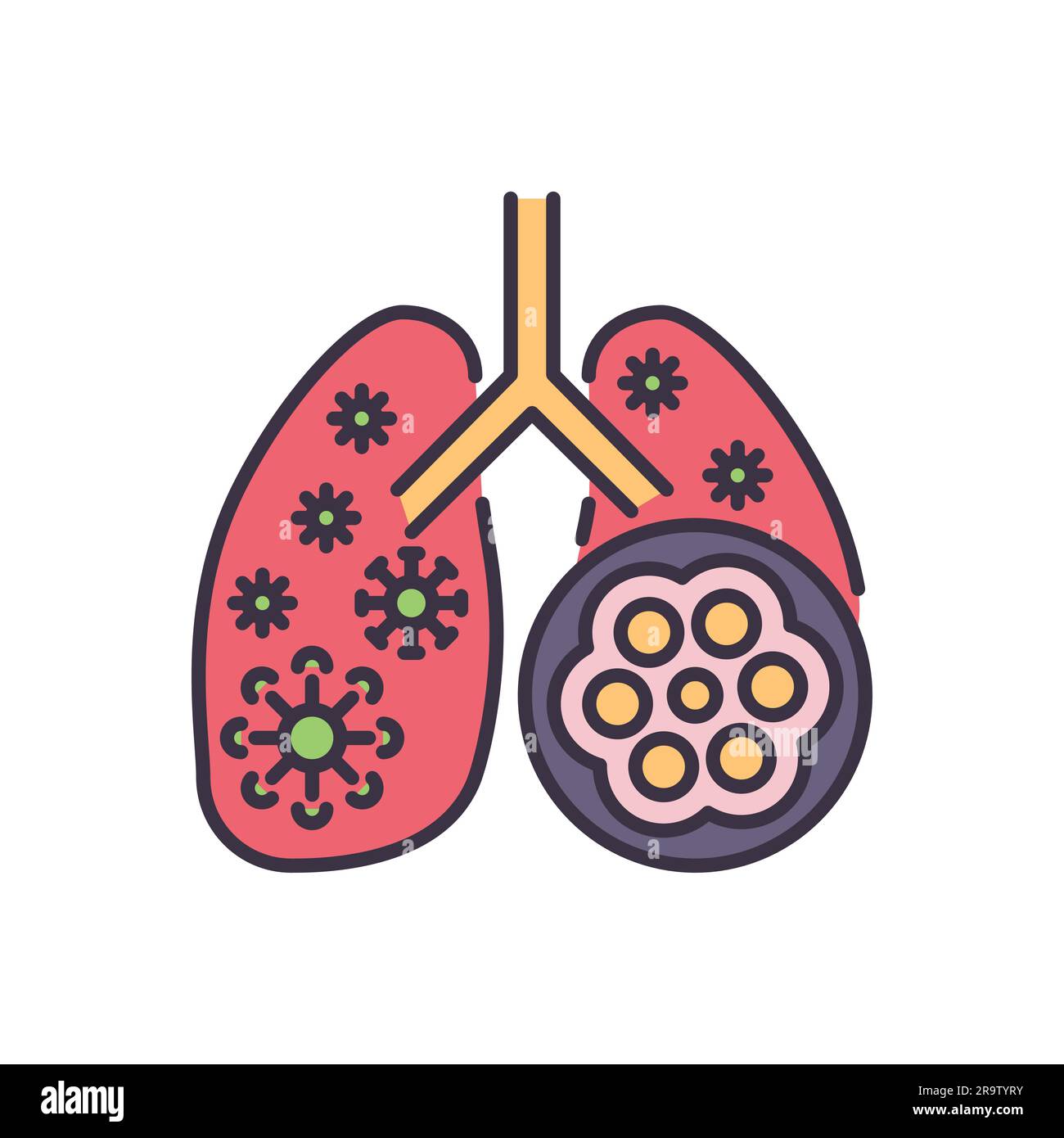 Pneumonia related vector icon. Lungs with alveoli and coronavirus ...