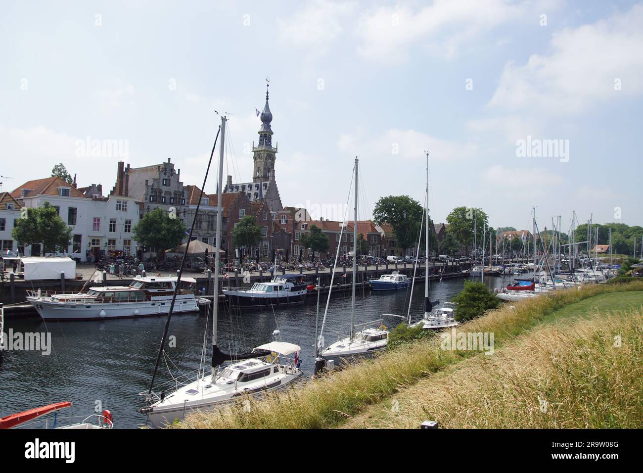 View on the Zeeland city of Veere with marina (Binnenhaven), sailing ...
