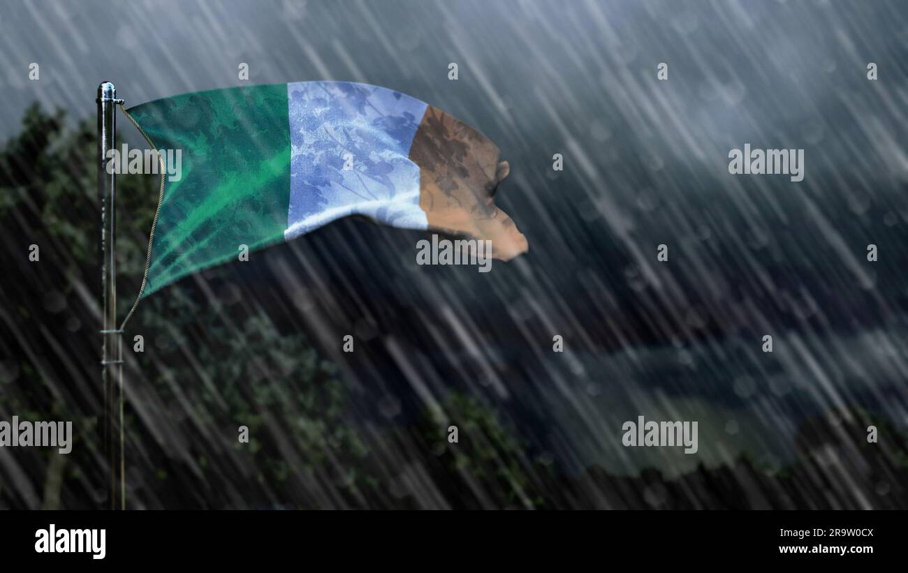 flag of Ireland with rain and dark clouds, storm forecast symbol ...