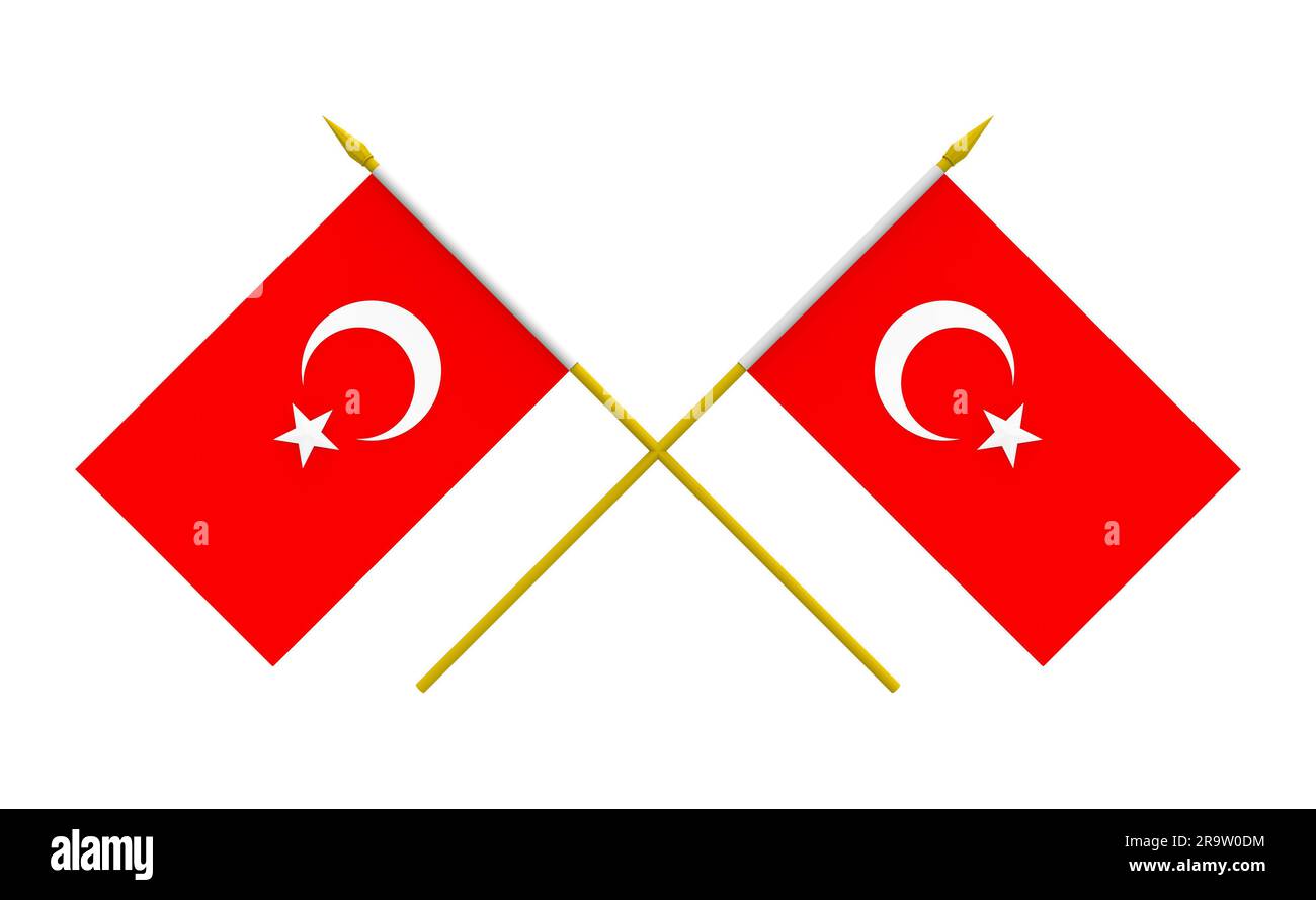 Two crossed flags of Turkey, 3d render, isolated on white Stock Photo ...