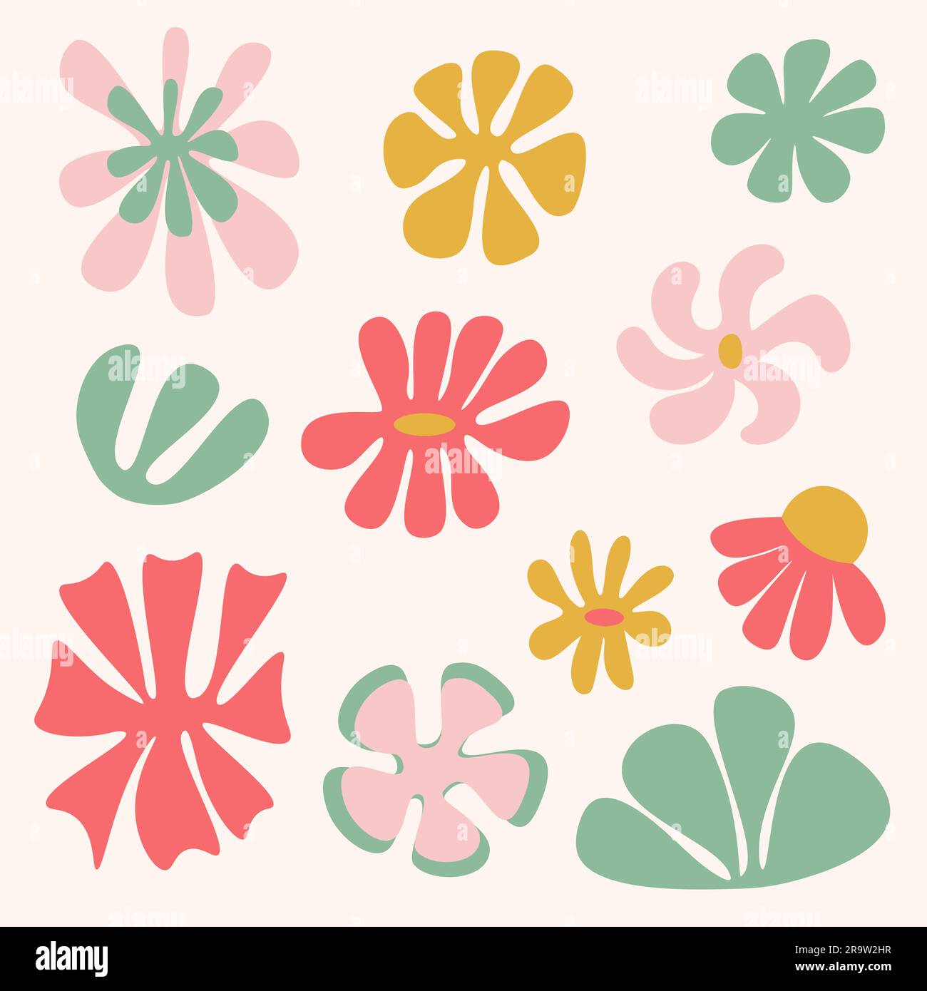 Set of abstract retro groovy flowers hippie aesthetic 1960s, 1970s ...