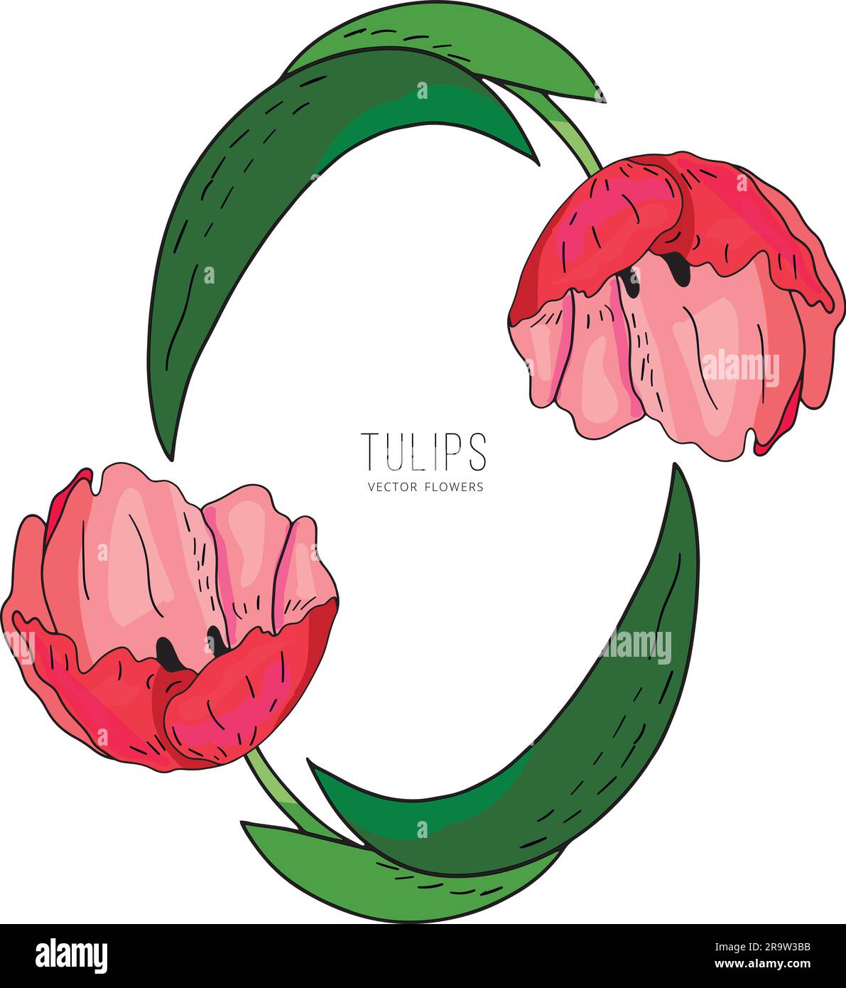 Hand drawn vector floral frame with red flowers tulips, branch and ...
