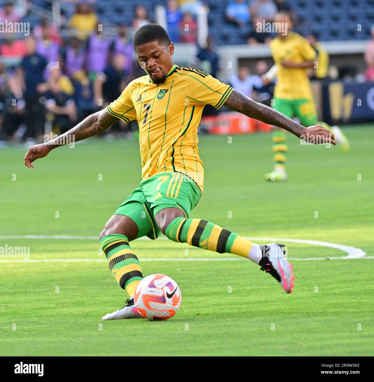 St. Louis, USA. 28th June, 2023. Jamaica forward Leon Bailey (7) winds ...
