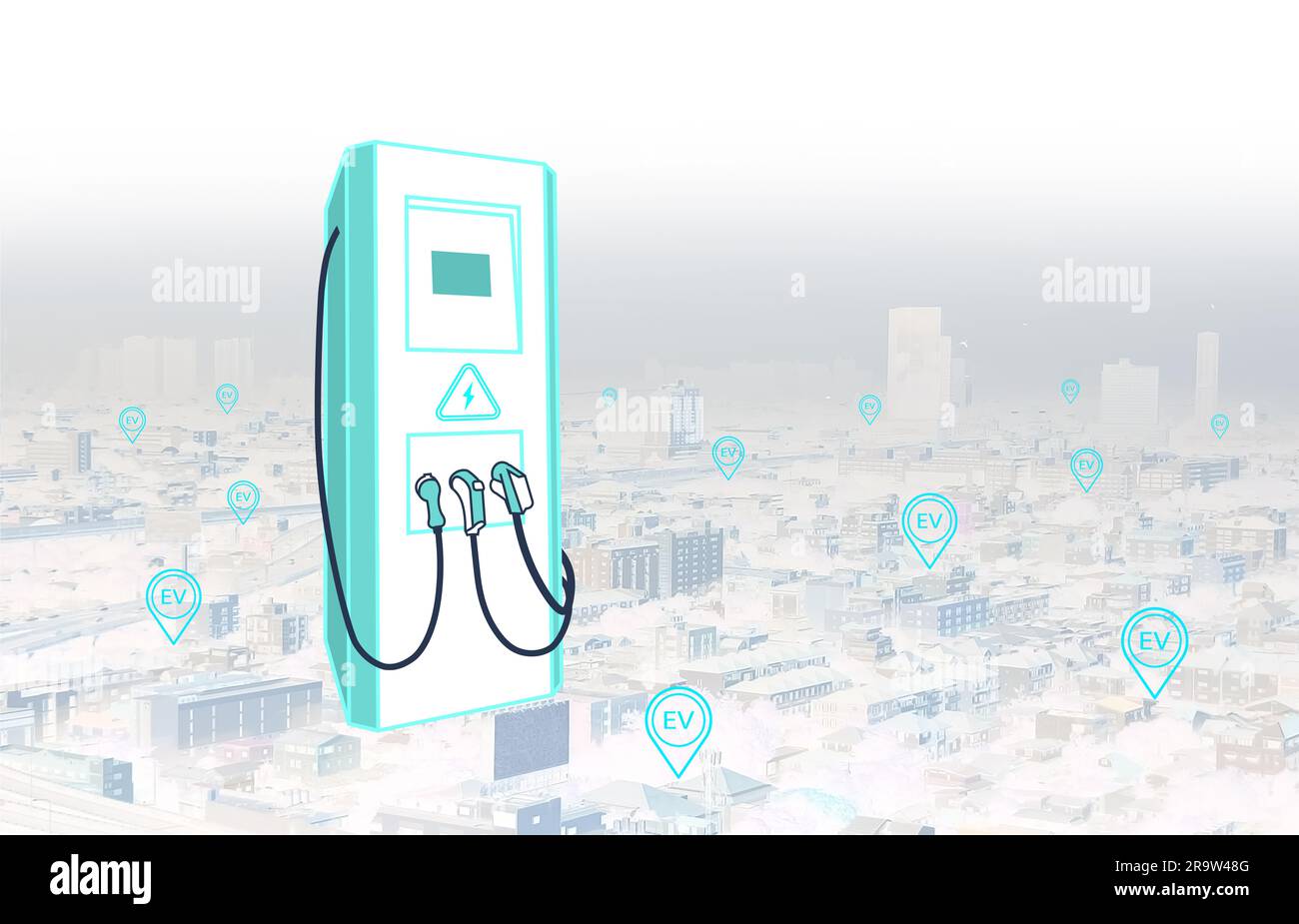 Electric car charging station with cityscape and charging points icon ...