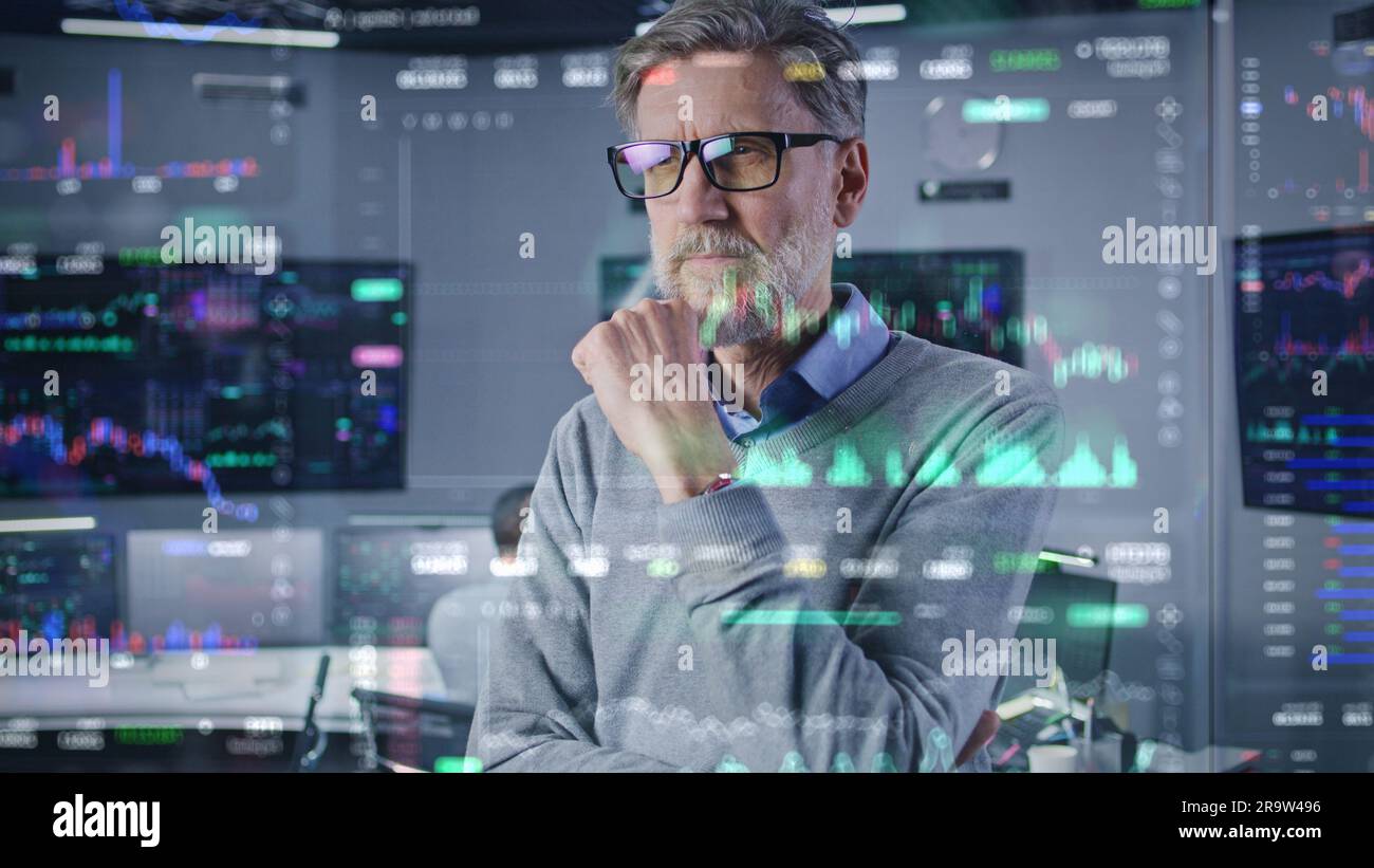 Focused mature financial analyst works in broker agency office. 3D ...