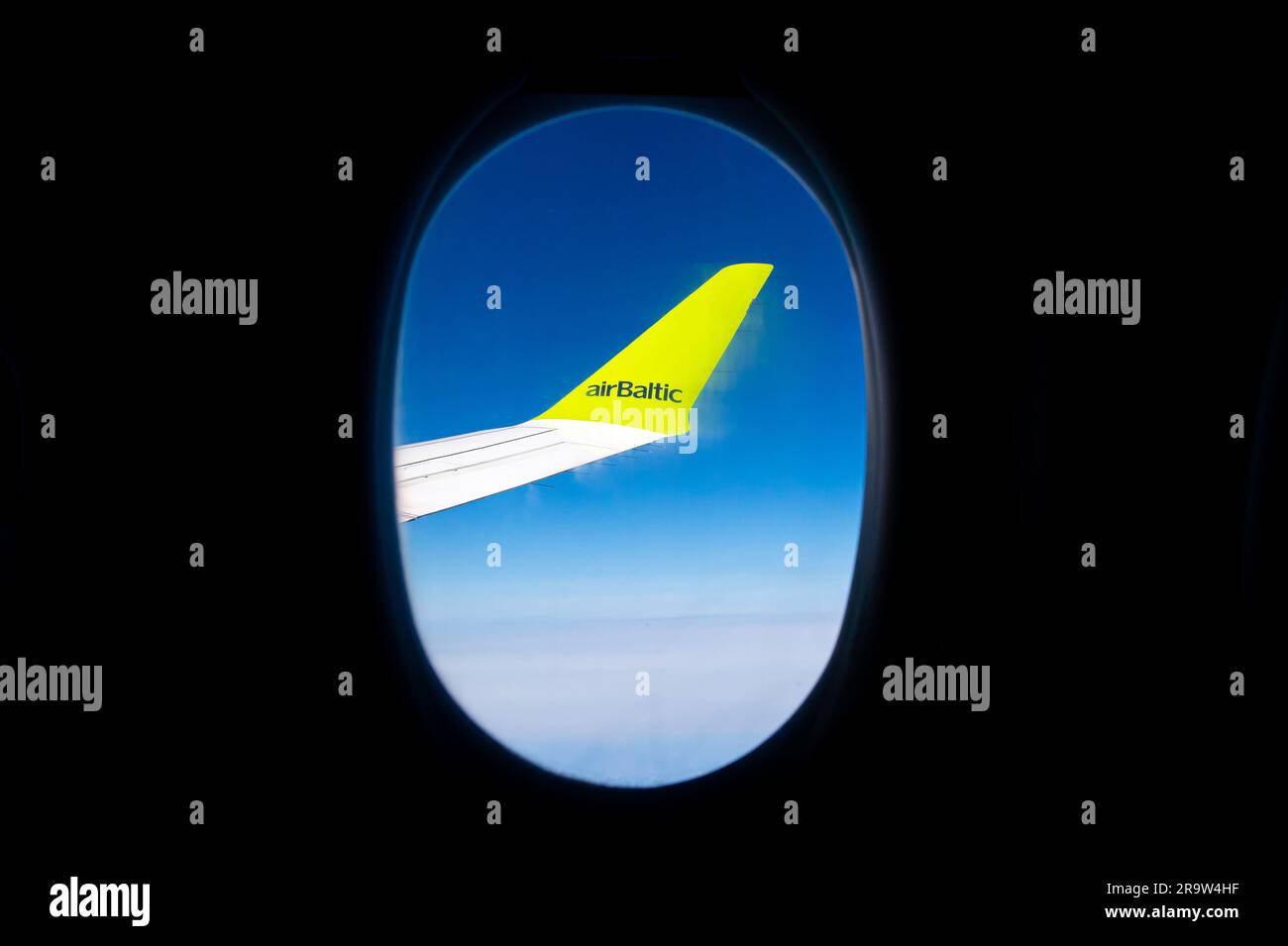 Tallinn, Harjumaa, Estonia-15JUN2023: AirBaltic sing on the plane wing ...