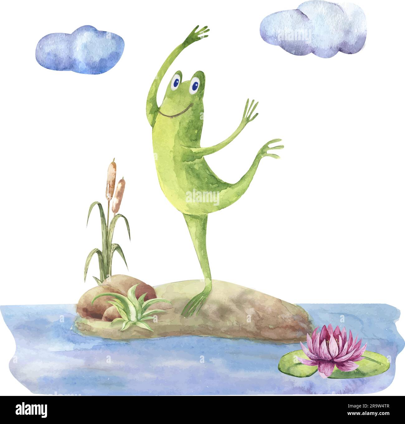Funny frog dancing on the lawn. Watercolor children s illustration ...