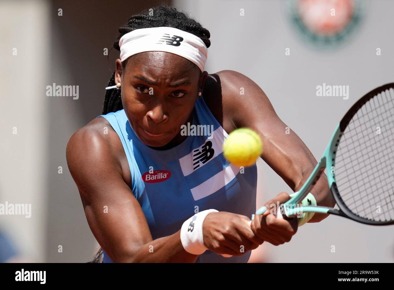 FILE - Coco Gauff plays a shot against Russia's Mirra Andreeva during their third round match of ...