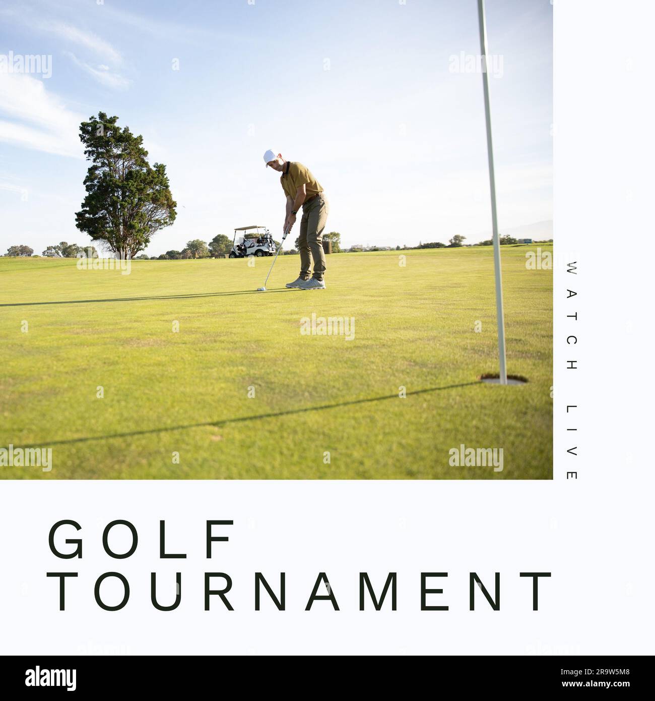 Composition of golf tournament text and caucasian man playing golf ...
