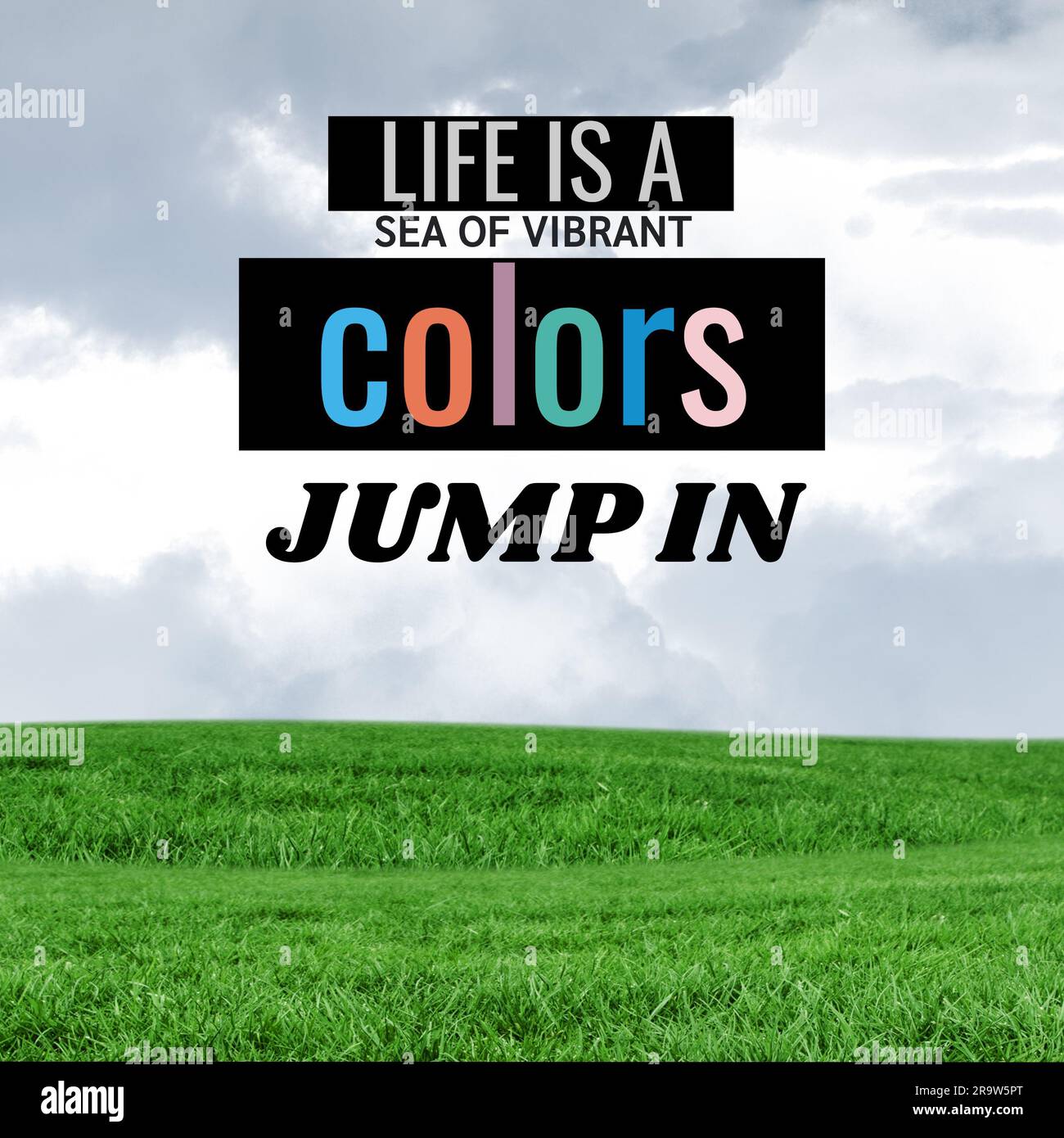 Composition of life is a sea of vibrant colours jump in text on sky and ...