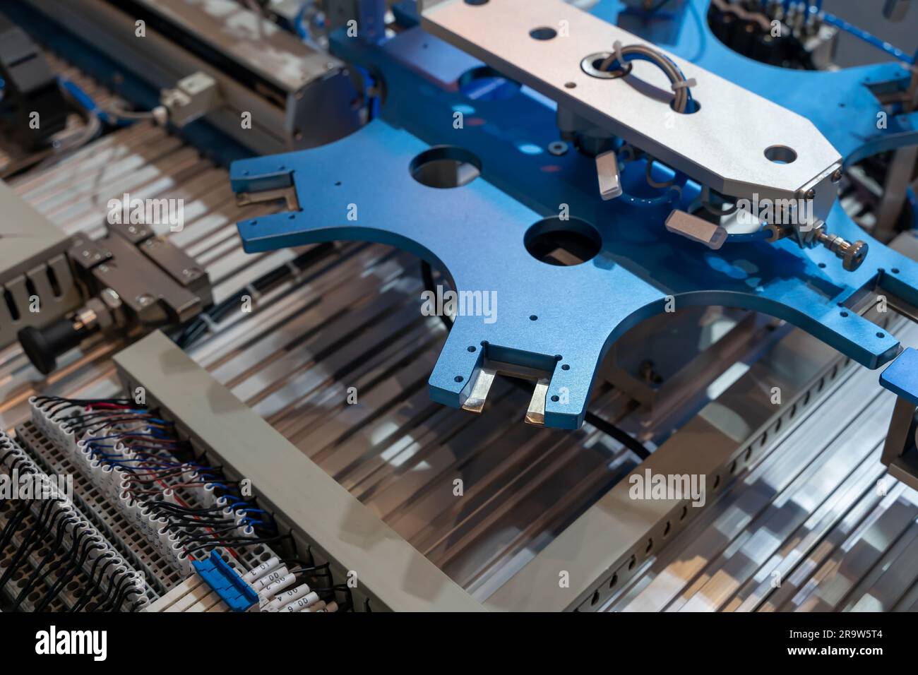 close up view of modern automatic assembly line in factory. technology ...