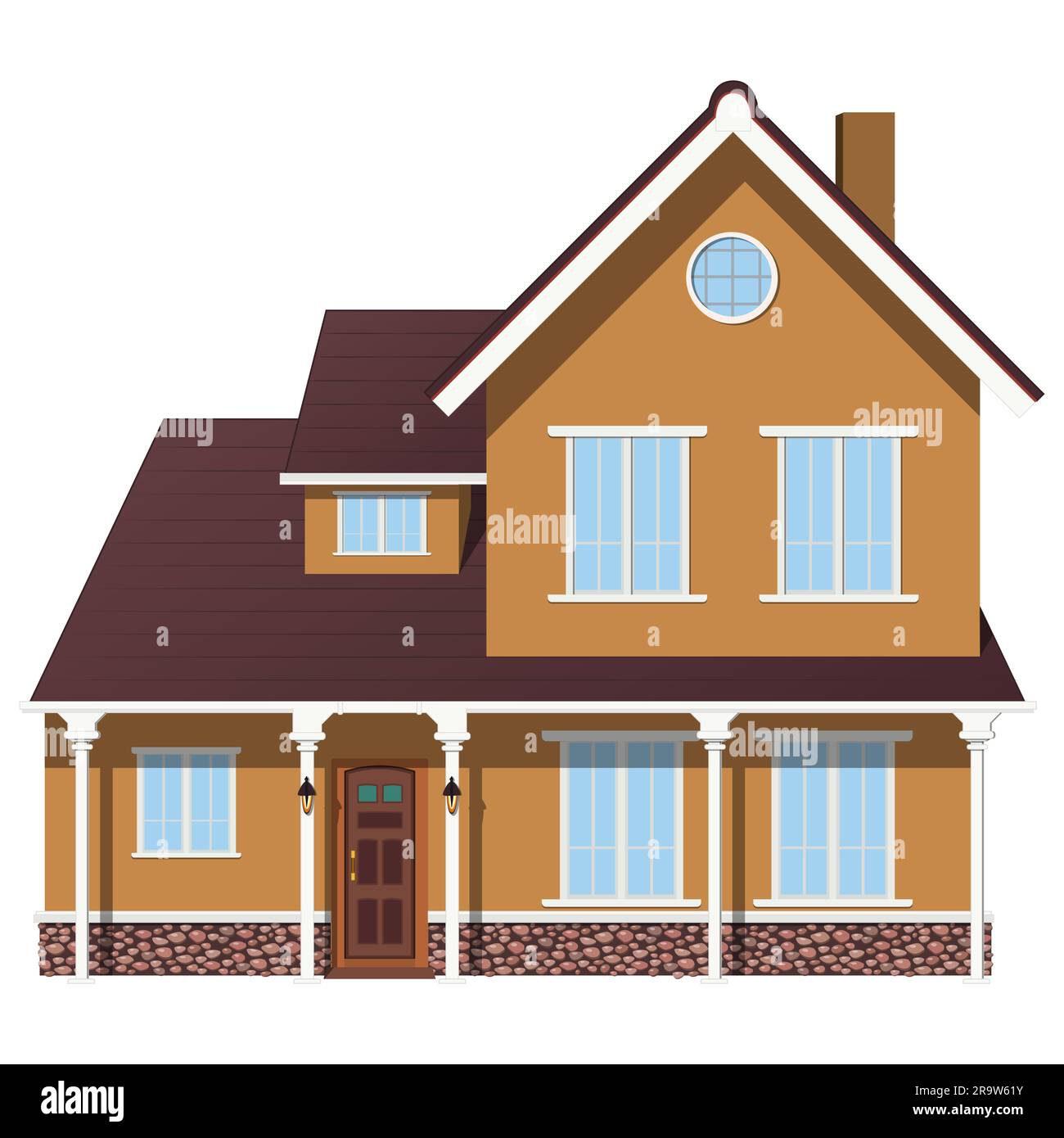 Colored two-story house with porch and canopy isolated on white ...