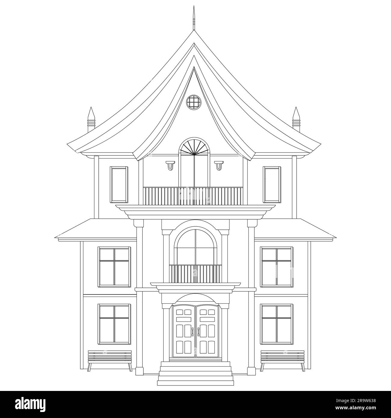 Outline of three-story house with porch and balcony isolated on white ...