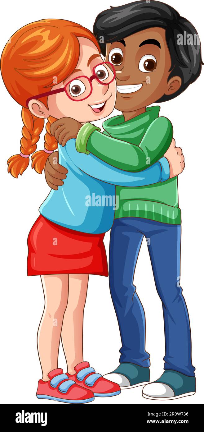 Interracial couple couple hugging cartoon character illustration Stock ...