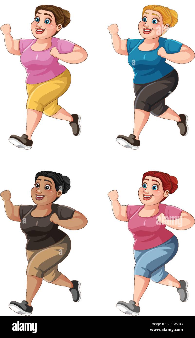 Chubby Women Running Exercise Collection illustration Stock Vector ...
