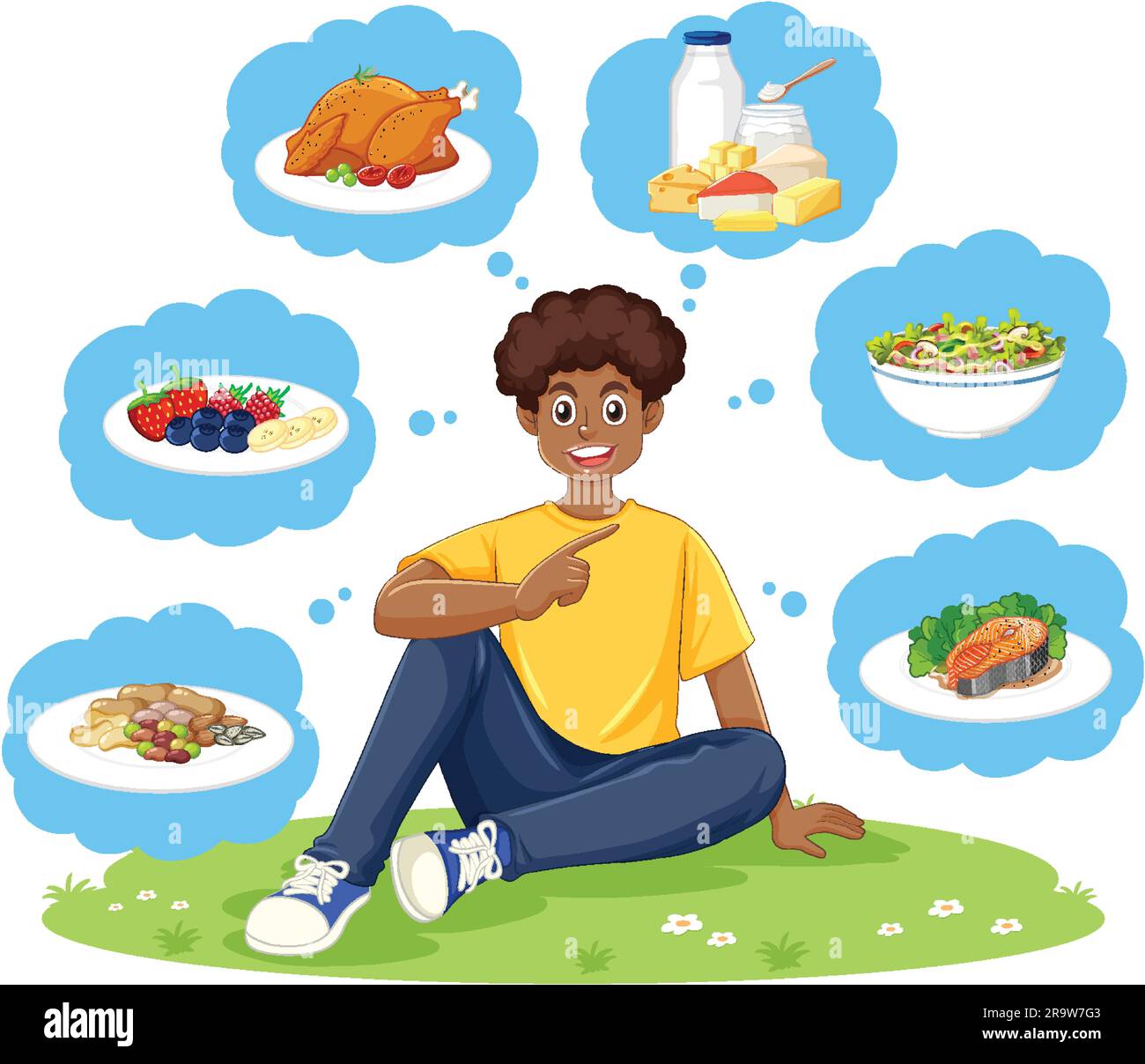 Male teen thinking about eating healthy fod illustration Stock Vector ...