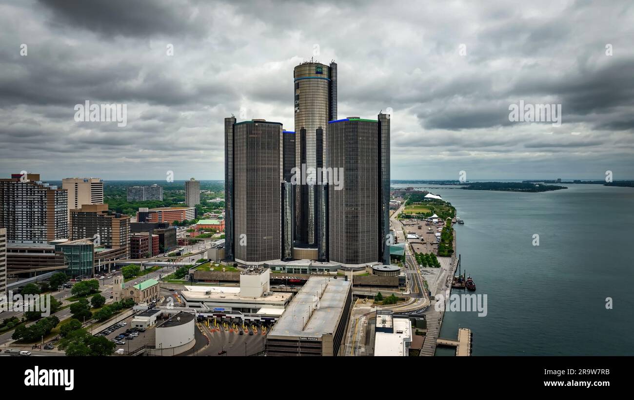 General Motors Headquarters at Renaissance Center in Detroit - aerial ...