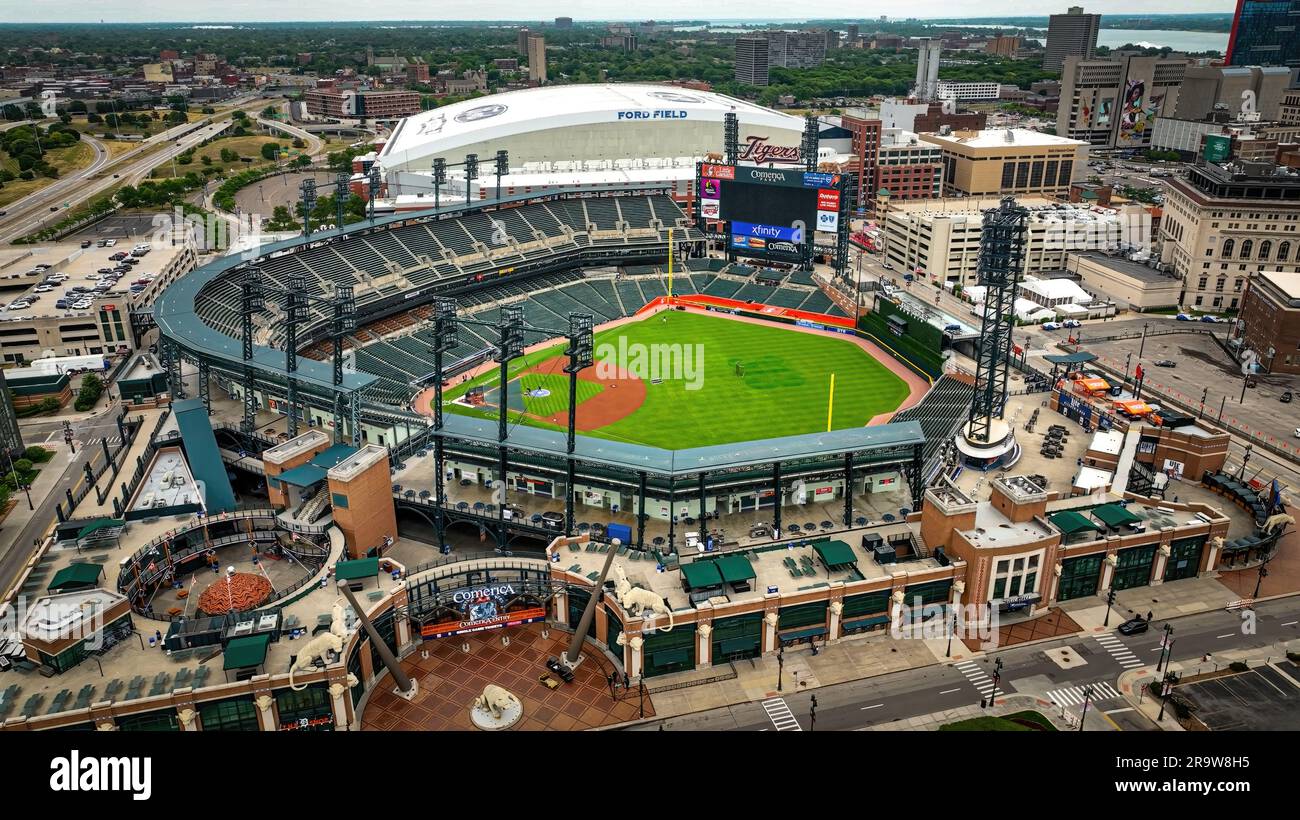 Comerica Park Baseball Field in Detroit - aerial view - aerial drone ...
