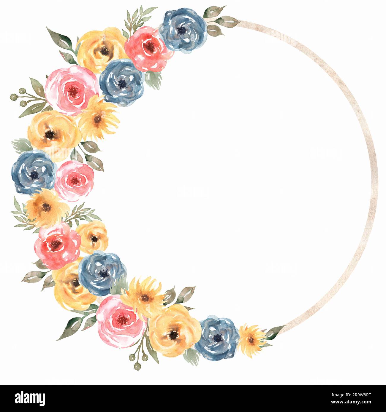 Beautiful watercolor border with peony wreath, flower bouquet, foliage ...