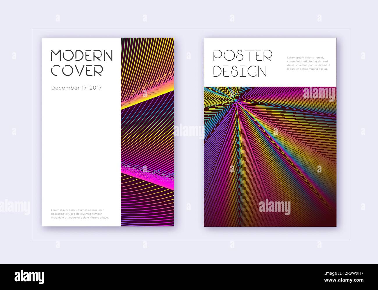 Minimal cover design template set. Rainbow abstract lines on wine red ...