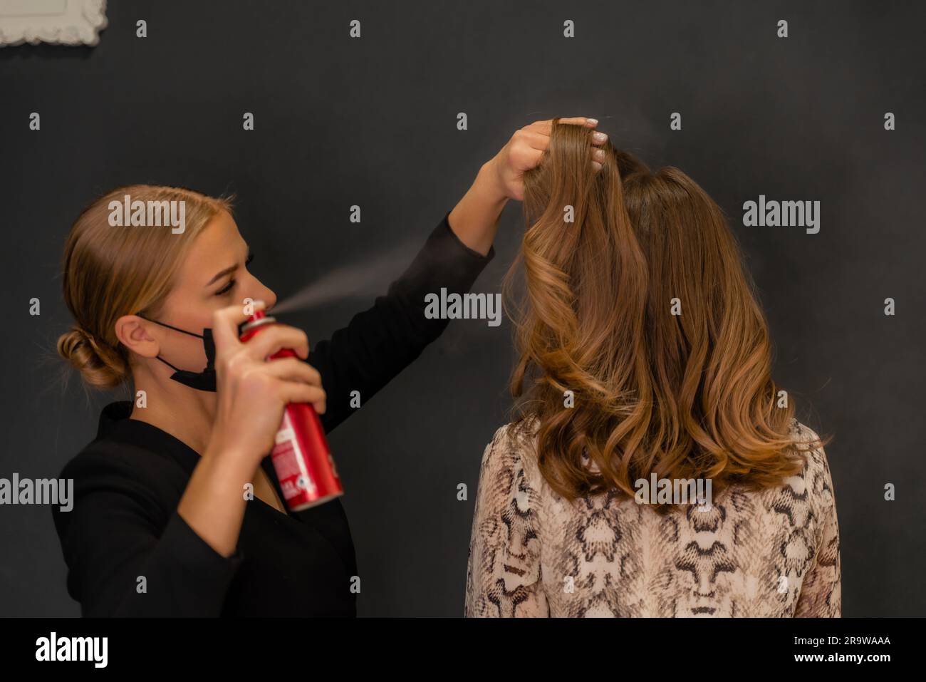Women salon hairstyle. Hairdresser uses hairspray on client's hair in ...