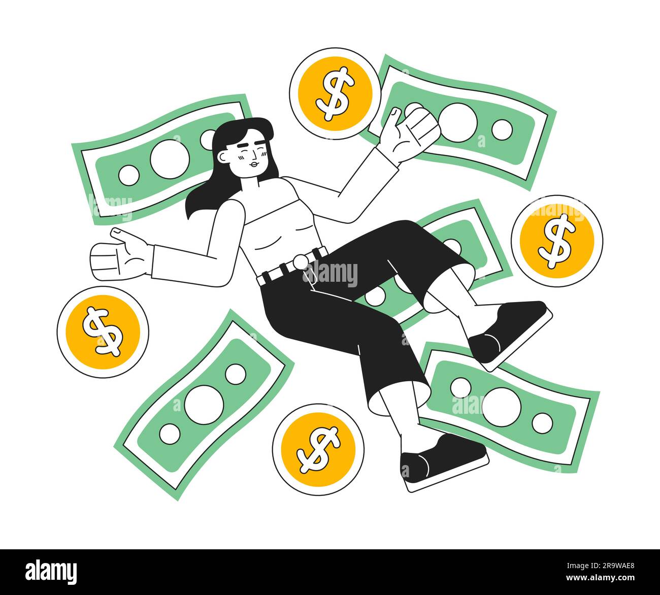 Happy woman among money 2D vector monochrome isolated spot illustration ...