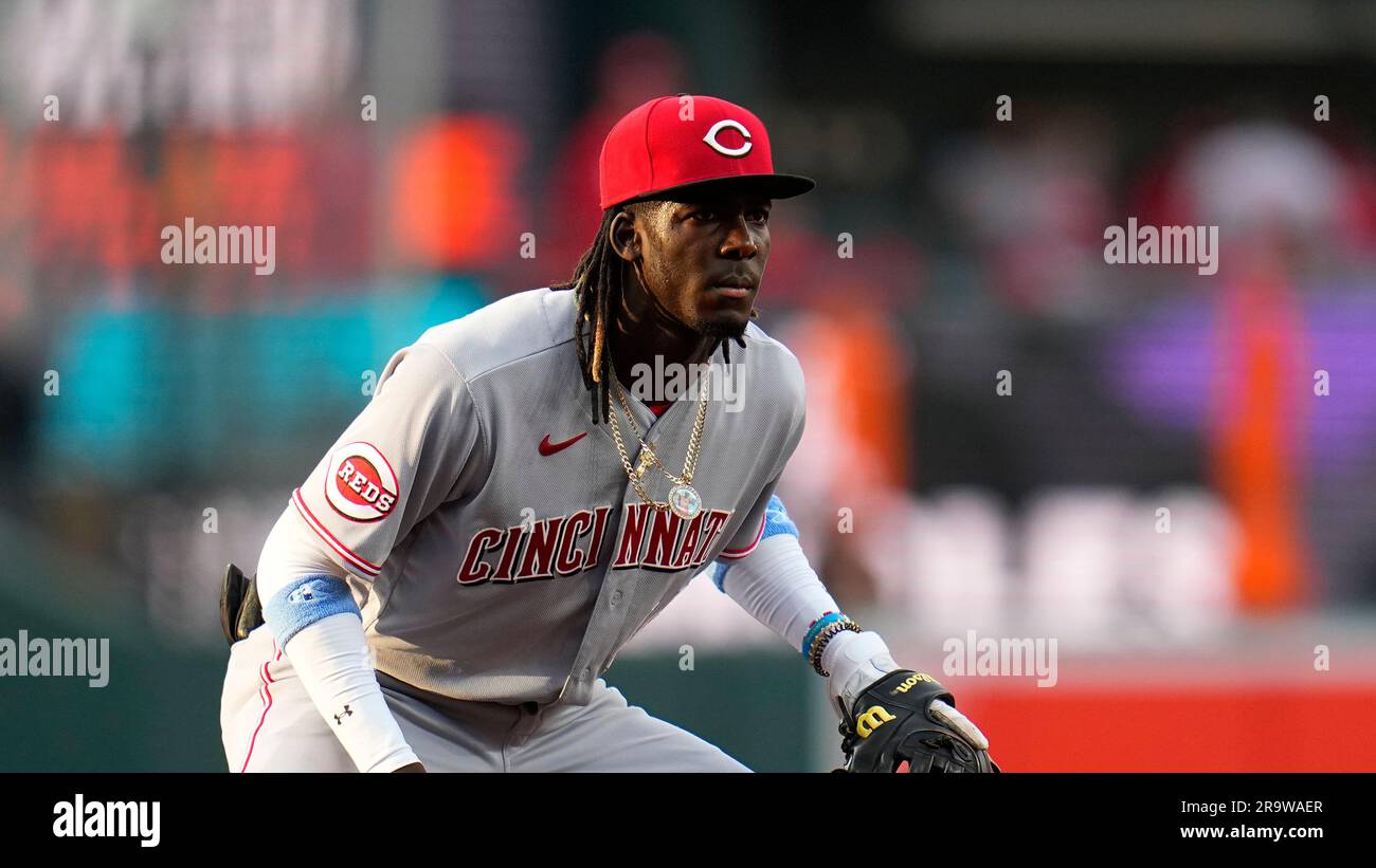 Cincinnati Reds third baseman Elly De La Cruz waits for a pitch to the Baltimore Orioles in the ...