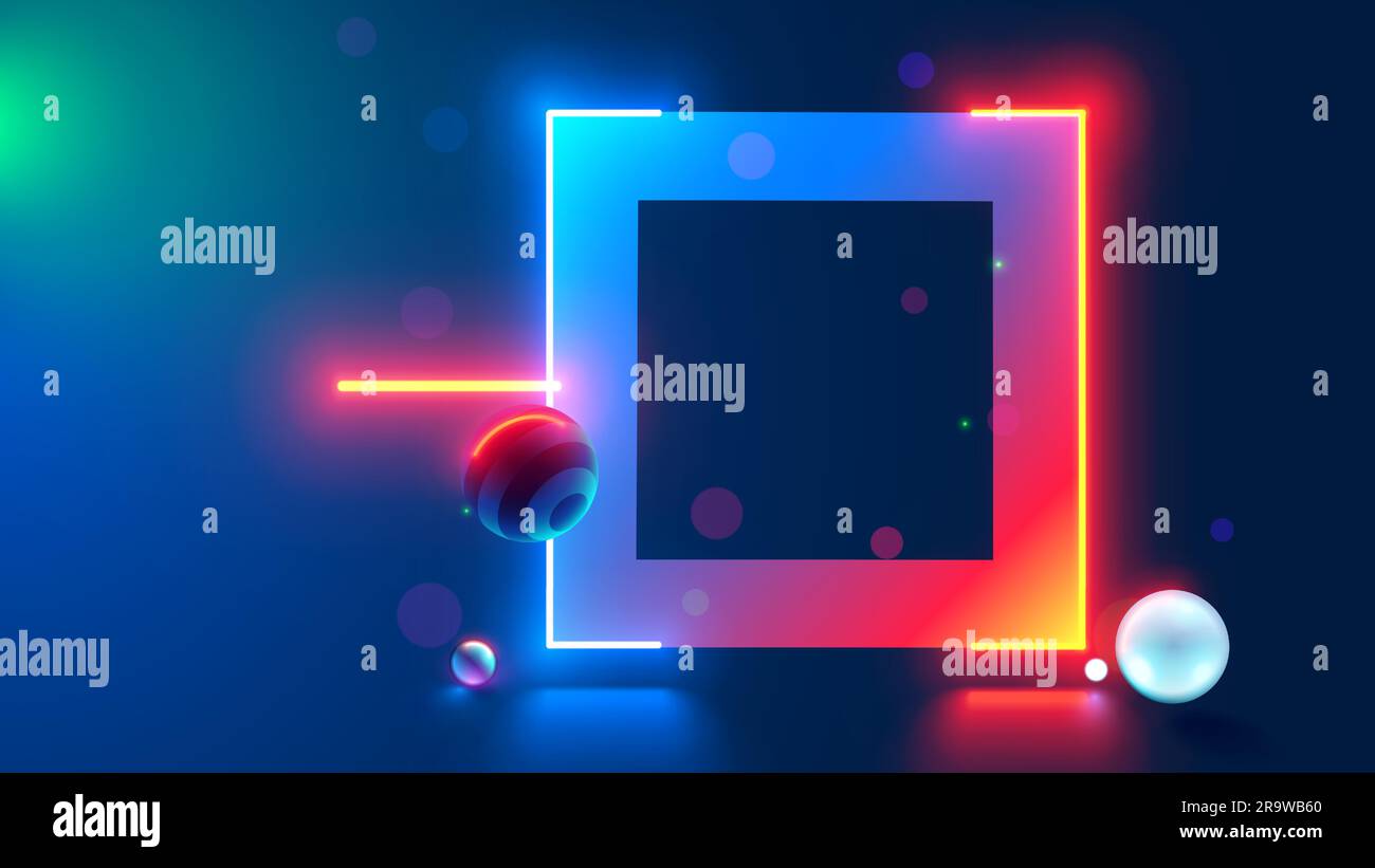 Neon rectangle glowing frame in dark cyberspace with hanging 3d spheres ...
