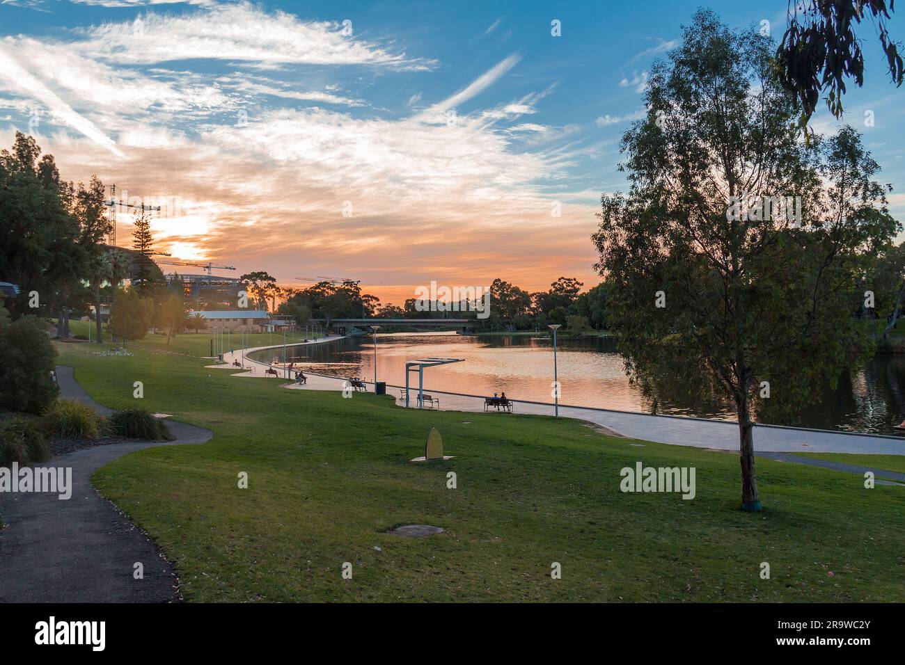 The Torrens River Lake in Elder Park at the sunset, Elder Park is one ...