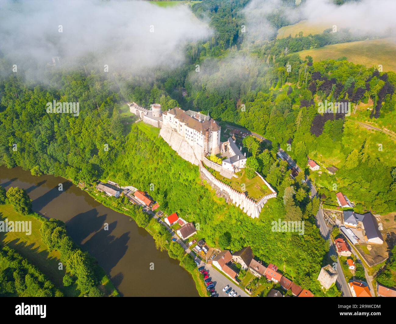 Cesky Sternberk castle and town at Sazava River on sunny summer morning ...