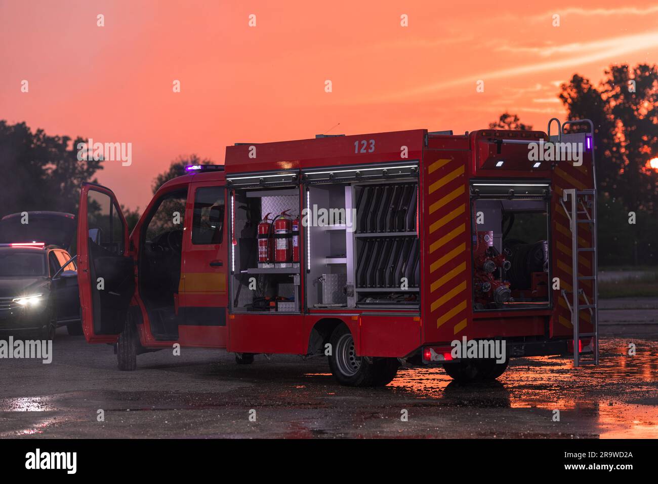 Fire truck emergency vehicle. Firefighting apparatus and water to save ...