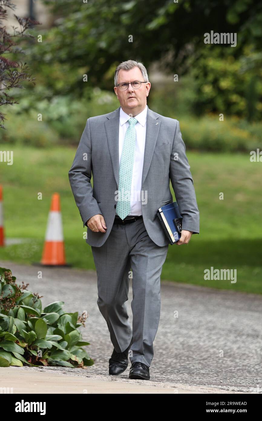 DUP leader Sir Jeffery Donaldson arriving at Stormont Castle in Belfast ...