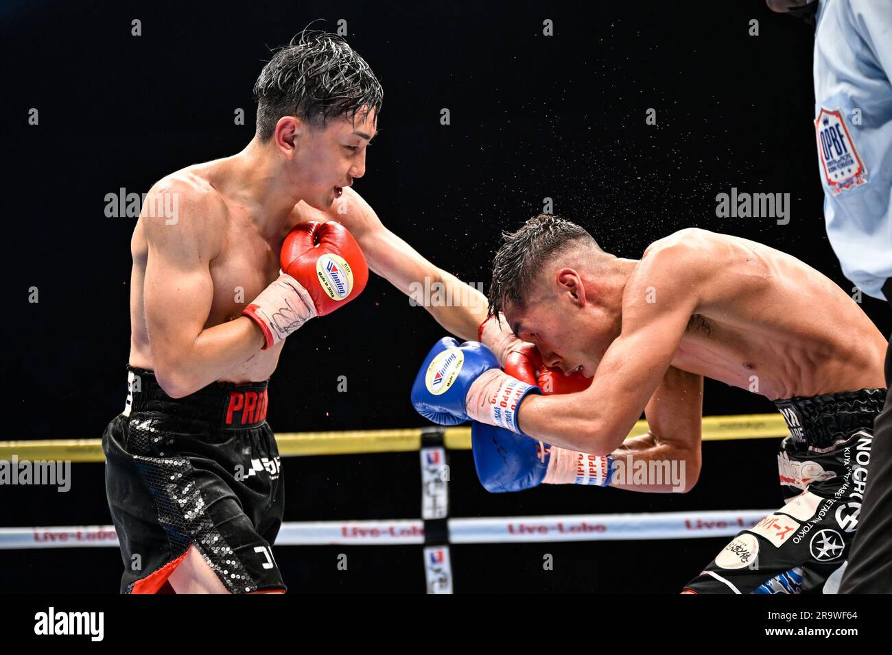 Tokyo, Japan. 24th June, 2023. Musashi Mori (red gloves) hits Takuya ...
