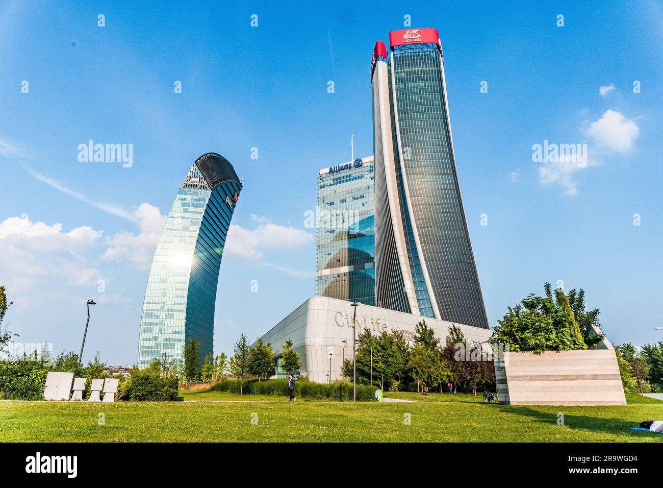 Three skyscrapers of CityLife district called "Tre Torri" (Three Towers) surrounded by a park ...