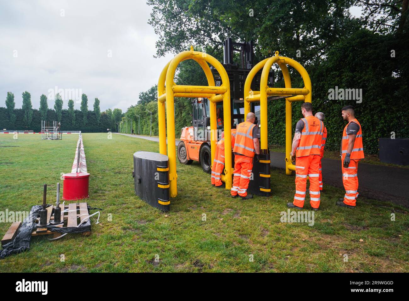 London UK. 29 June 2023 Large metal gates are placed as preventative ...
