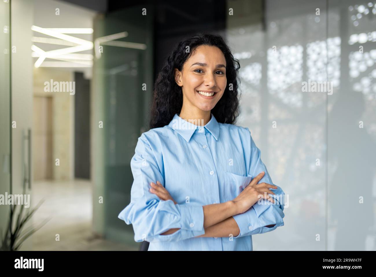 Portrait of happy and successful business woman, boss in shirt smiling ...