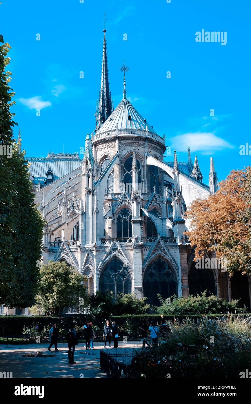 The impressive Notre Dame de Paris cathedral, located in France, stands ...