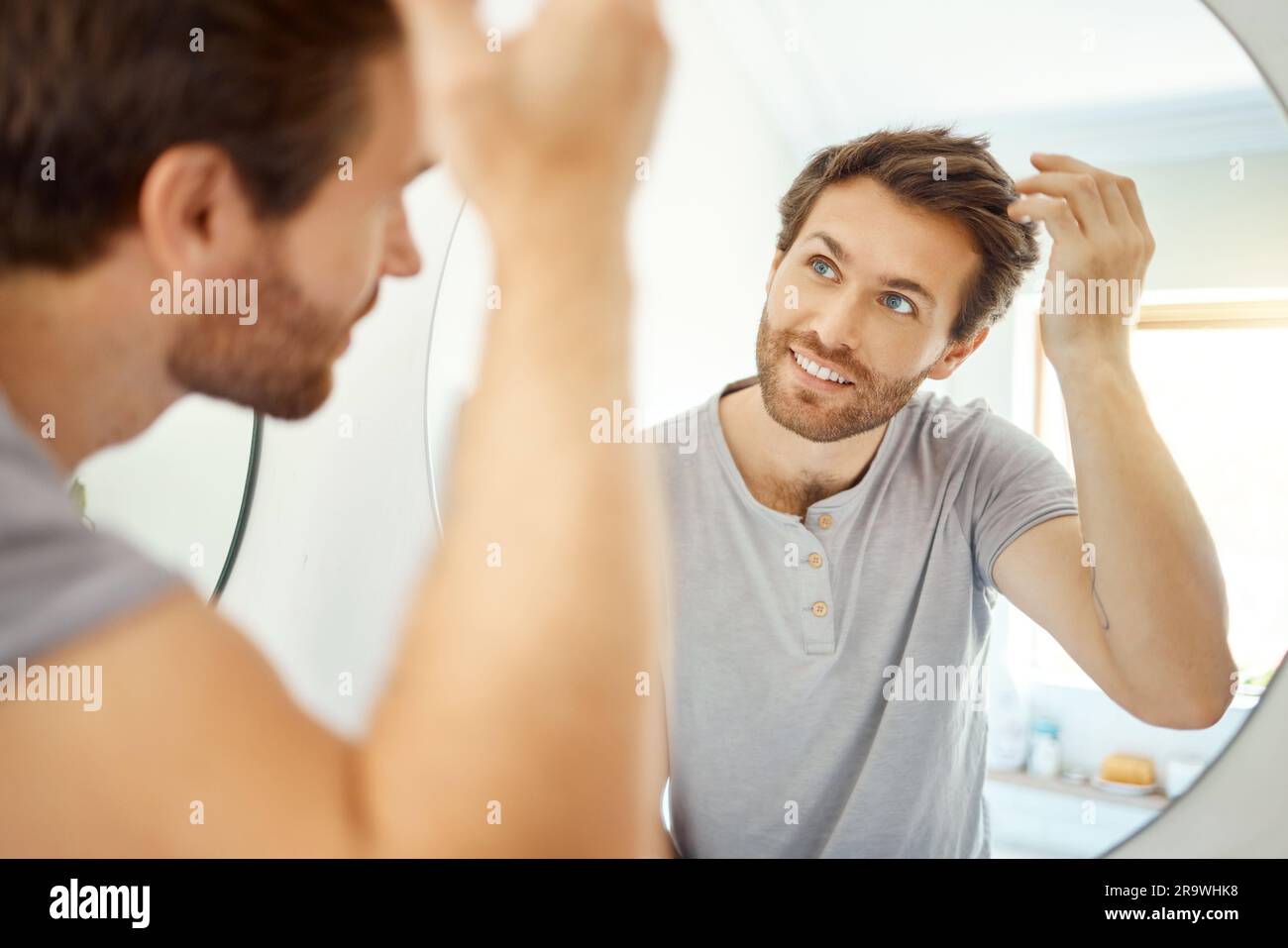 Bathroom, mirror reflection and happy man with hair care routine for ...